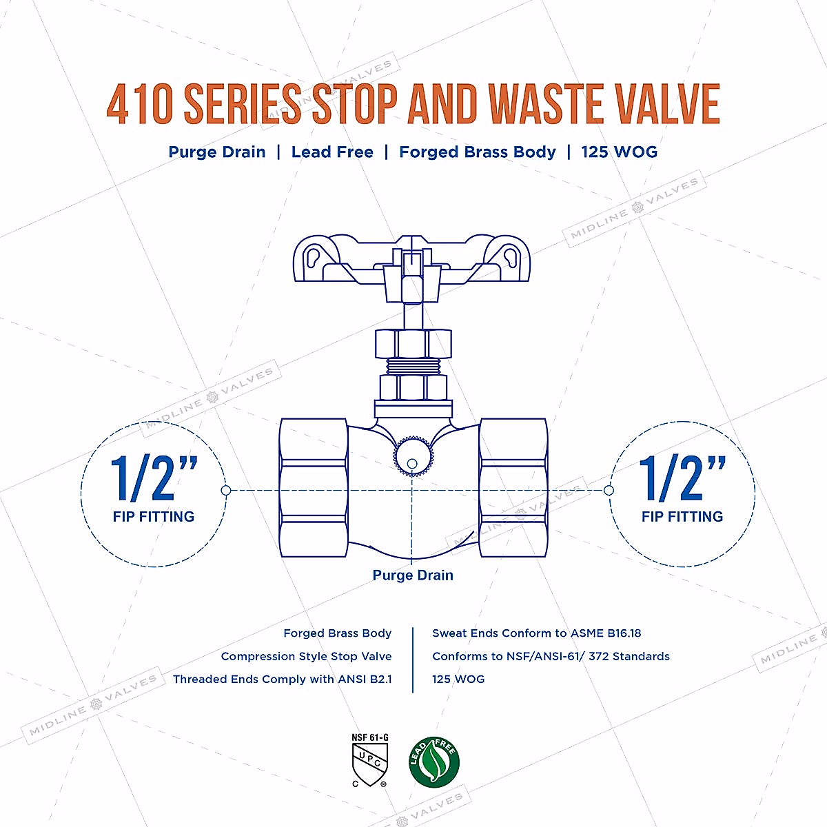 Midline Valve 632U256 Stop Valve with Drain, No Lead 3/4 in. FIP Connections, Brass