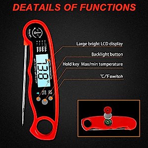 Meat Thermometer Digital for Cooking and Grilling, Collapsible Probe, with Magnet, Calibration, Backlight Waterproof Food Thermometer, Instant Read Thermometer for Kitchen, Meat, Steak, Turkey