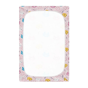 Kigai Cartoon Cat Face Pink Crib Sheets for Boys Girls, Soft and Breathable Pack n Play Sheets, Portable Mini Stretchy Cribs Sheets, 39x27 Inch