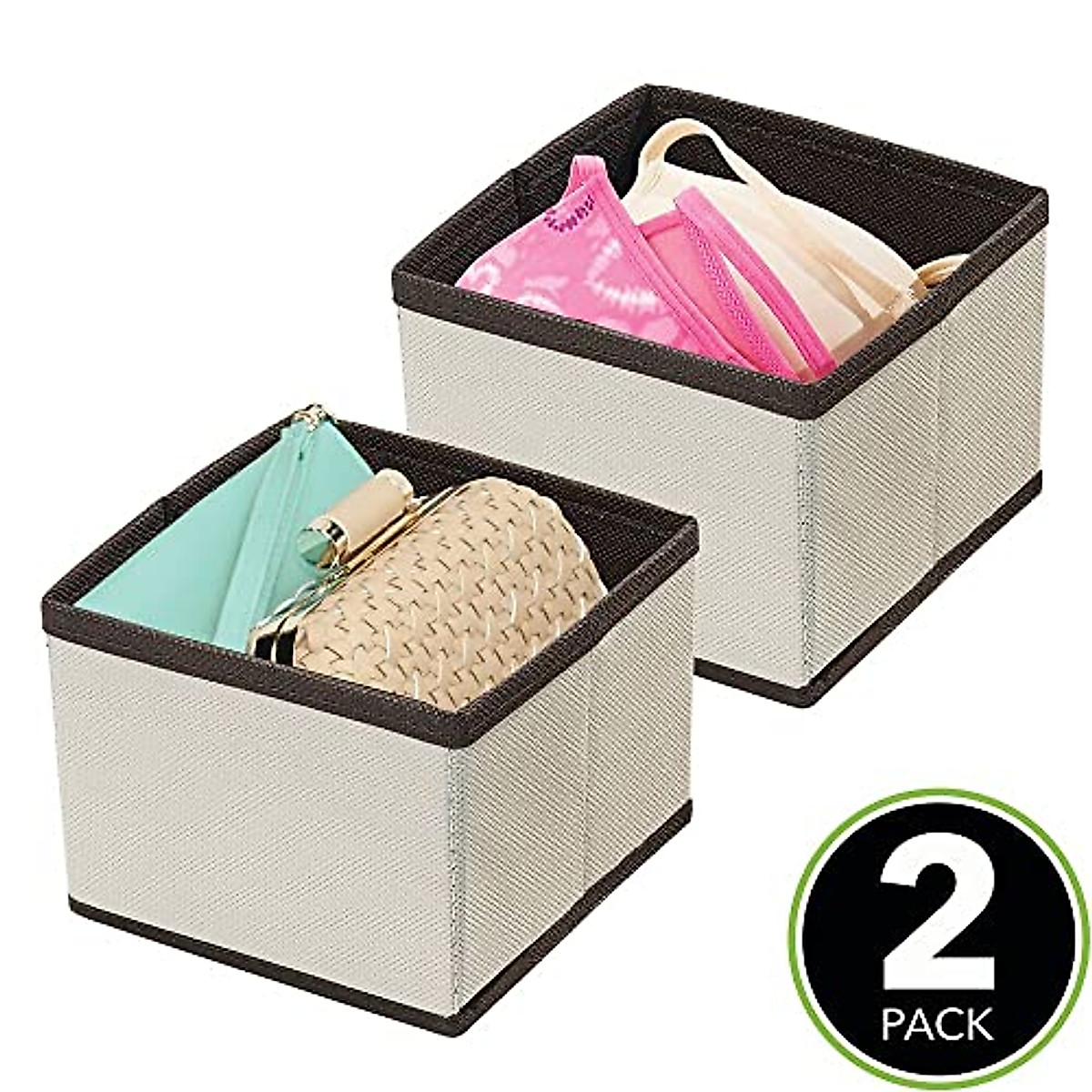 mDesign Rectangular Soft Fabric Dresser Drawer and Closet Storage Organizer Bin for Lingerie, Bras, Socks, Leggings, Clothes, Jewelry, Scarves - Textured Print - 2 Pack - Cream/Espresso Brown