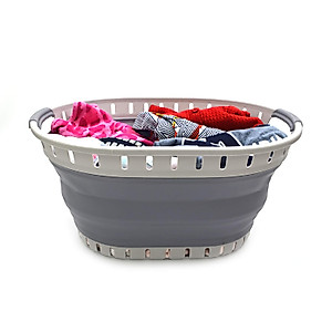 SAMMART 25L (6.6 gallon) Collapsible Plastic Laundry Basket - Foldable Pop Up Storage Container/Organizer - Portable Shopping Basket - Space Saving Hamper (Oval, Dark Grey)