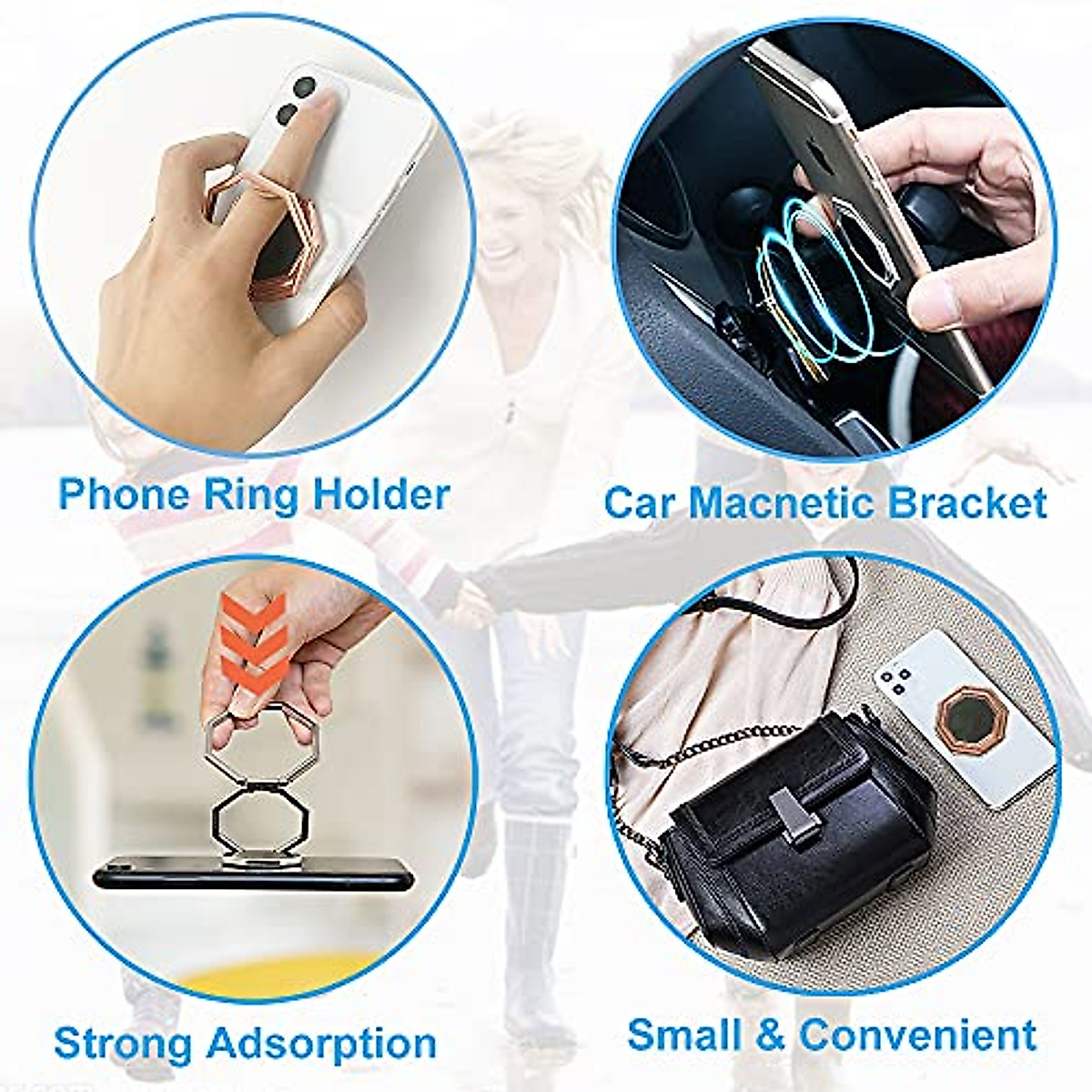 Cellphone Ring Holder Finger Kickstand, Foldable 360° Rotation Cell Phone Stand for Desk, Magnetic Car Mount, Metal Multi-Angle for Phone Back Grip Compatible with iPhone, iPad (Rose Gold)