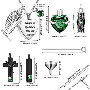 5 Pack Urn Necklace for Ashes, Cremation Jewelry for Ashes, Crystal Heart Cross Cubic Ashes Necklace with Angel Wing, Ashes Keepsake for Men and Women with Small Spoon, Funnel, Velvet Bag (green)
