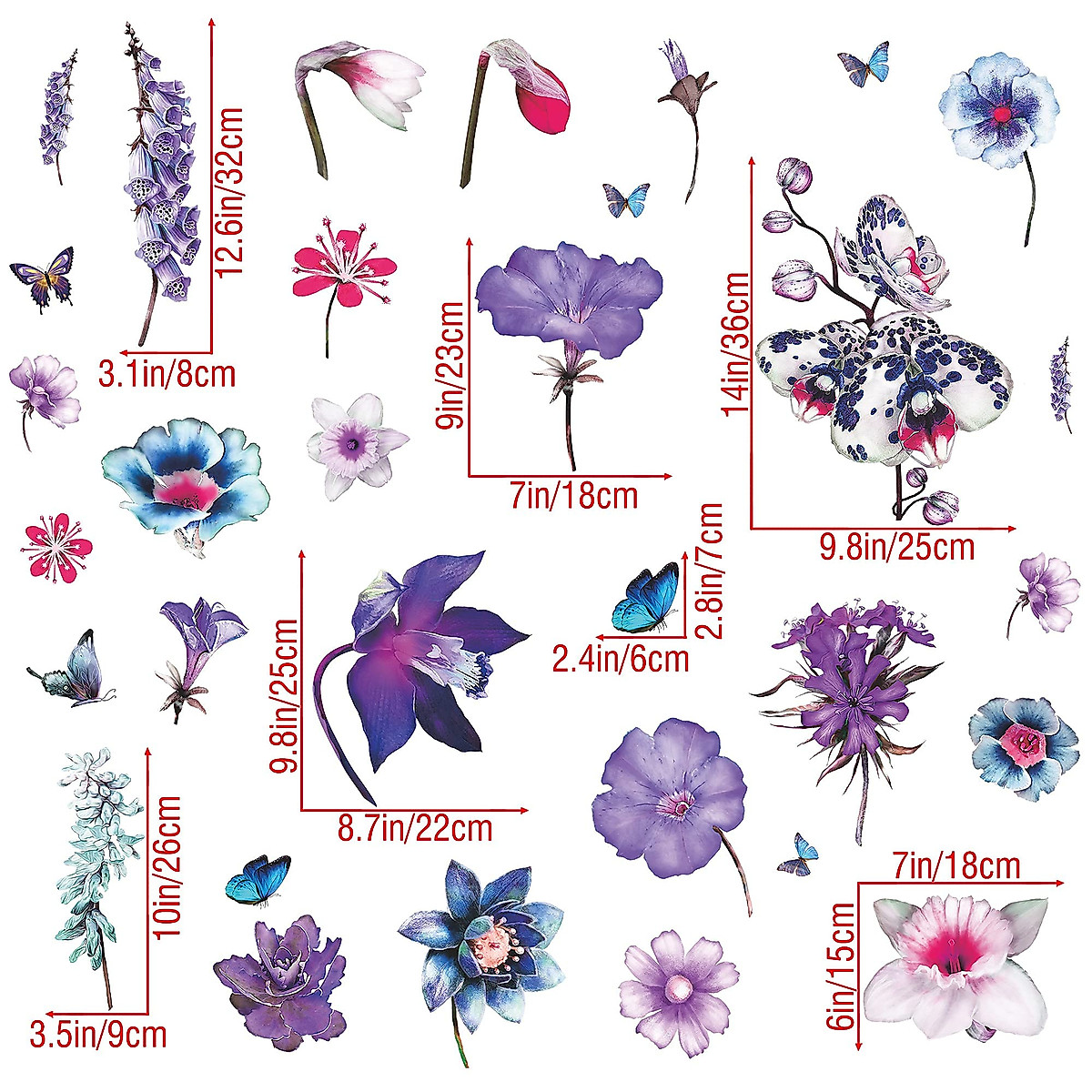 25 Pieces Purple Cluster Flowers Wall Decals Morning Glory Wall Stickers Peony Wall Decal Lotus Wall Sticker DIY Removable Butterfly Decor for TV Background Girls Bedroom Nursery Classroom Living Room