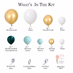 Pateeha Green Balloon Garland Arch Kit 10-12Ft Gold White Emerald Green Balloon Arch Mint Green Double Stuffed Dark Teal Balloons for Tropical Baby Shower Birthday Party Decorations