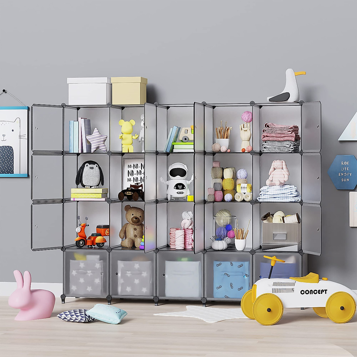 HOMIDEC Cube Storage Organizer, Heavy Duty Portable Closet Wardrobe with Door, 58in Large Closet Organizers and Storage with Hanging Rod for Clothes Yarns Toys Books Tools(20 cube grey)