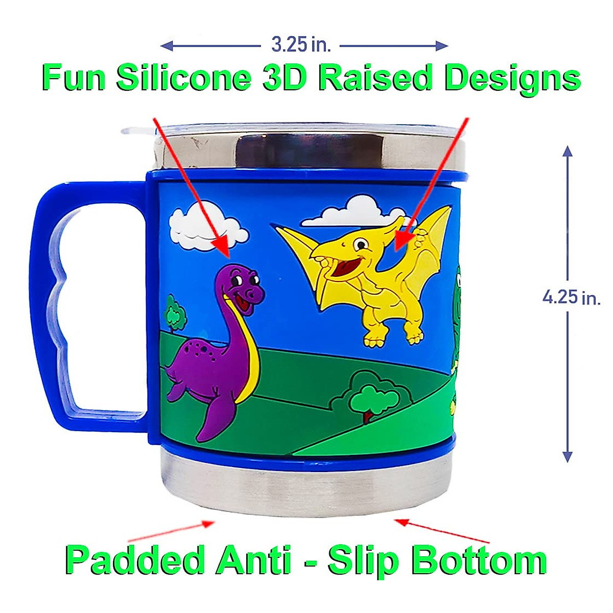 F-32 12 Oz Kids Stainless Steel Mug With Slider Closure Lid - Eco-Friendly - BPA Free Signature Collection (Dinosaur Blue)