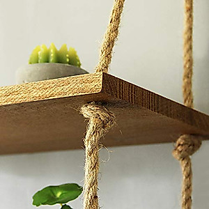 SAND MINE 3 Tier Wood Hanging Shelf, Floating Wall Swing Storage Shelves, Jute Rope Organizer Rack, Wall Shelf Plant Shelf Rope Shelf Storage Shelf Swing Shelf Floating Shelves Handmade Shelves