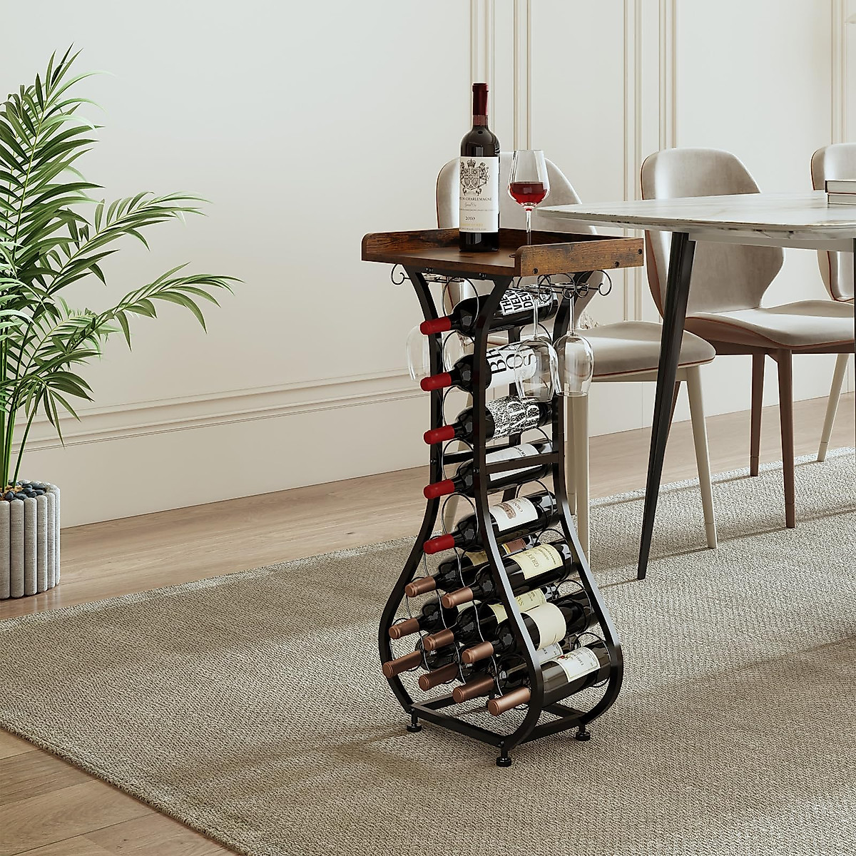 14 Bottles Wine Rack Console Table Freestanding Floor Wine Storage Organizer with Glass Holder Adjustable Feet Wood Top 35.4" H