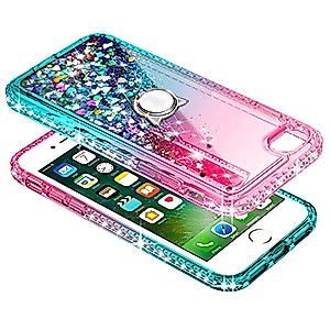 NGB Compatible for iPhone 8 Plus Case, iPhone 7 Plus /6 Plus /6S Plus with Tempered Glass Screen Protector, Ring Holder, Girls Women Kids Liquid Bling Sparkle Glitter Cute Case (Pink/Aqua)