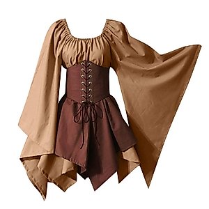 Halloween Dresses Womens Gothic Vintage Slim-Fit Dress Lace-Up Flare Sleeve Sexy Gown Medieval Role Play Swing Dress