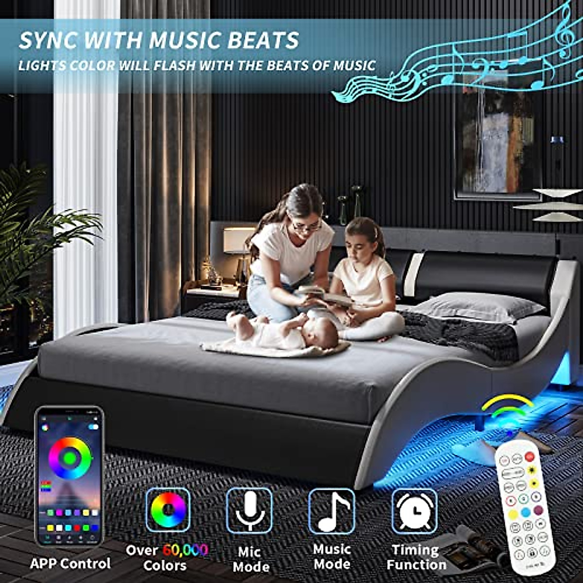 Led Bed Frame Queen Size Modern Upholstered Platform Bed Frame with LED Lights Faux PU Leather Wave Like Low Profile Platform Bed Frame with Headboard, Wooden Slats, No Box Spring Needed, Black+White