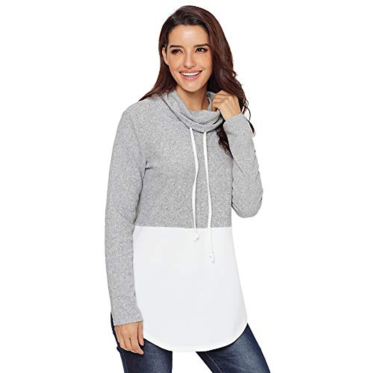 Women Cowl Neck Casual Tunic Sweatshirts Mitiy Drawstring Long Sleeve Color Block Patchwork Pullover Tops