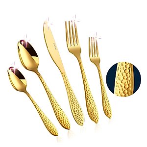 VIVANI Arlox 40-Piece Gold Vintage Silverware Set, Hammered Gold Flatware Set for 8, Stainless Steel Gold Utensils Cutlery Set, Mirror Polished, Dishwasher Safe