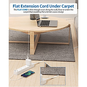 Flat Extension Cord 15 ft, NTONPOWER Ultra Thin Flat Extension Cord Under Carpet, Rug, Door, Wall Mount Power Strip Flat Plug with 4 Outlets 2 USB, Overload Protection for Home Office Indoor, White