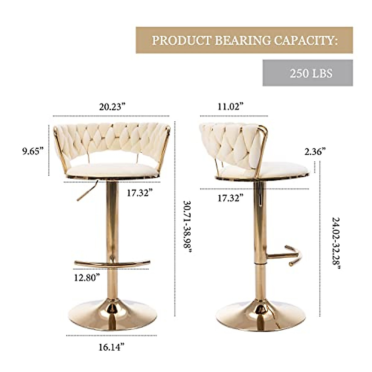 Kiztir Velvet Swivel Bar Stools Set of 2, Adjustable Counter Height Bar Chairs with Woven Back & Footrest, Luxury Gold Bar Stools for Kitchen Island, Cafe, Pub (Cream)