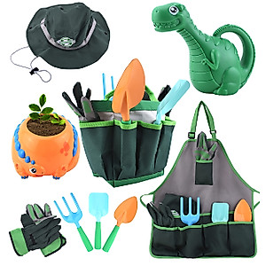 JOYIN Kids Gardening Tool Set Toy Includes Watering Can and Planter, Sun Hat, Gloves, Apron and Kids Gardening Kit Like Shovel, Rake and Trowel, Outdoor Play Gardening Gifts (Dinosaur)