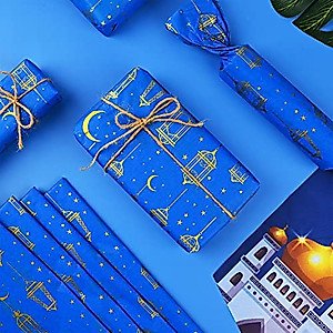 Bolsome 100 Sheets 20 * 14 Inches Eid Mubarak Tissue Wrapping Paper Blue and Gold Tissue Paper for Gift Bags for Ramadan Eid Al-fitr Gift Wrapping and DIY Crafts