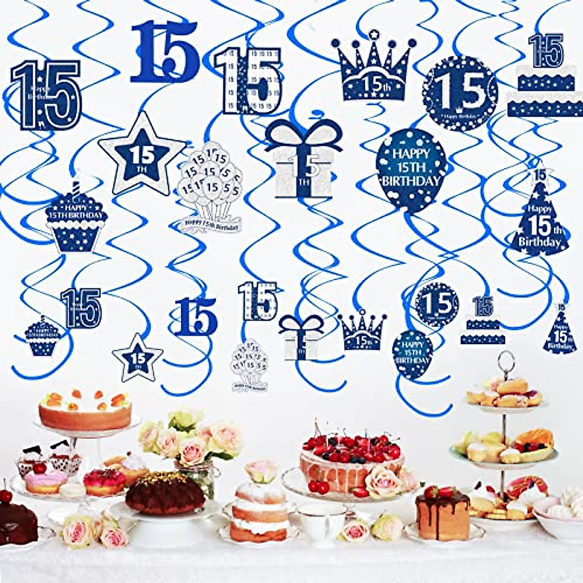 36pcs 15th Birthday Decorations Hanging Swirls Party Supplies for Boys, Silver Blue 15 Year Old Birthday Hanging Decor, Happy Fifteen Birthday Foil Ceiling Swirl Sign Décor