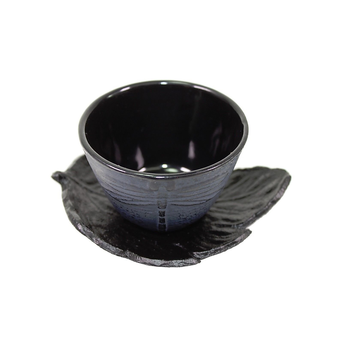 4 Black Tea Saucers and 4 Blue Dragonfly Cast Iron Teacups Hobnail Dot Japanese Styel ~ We Pay Your Sales Tax
