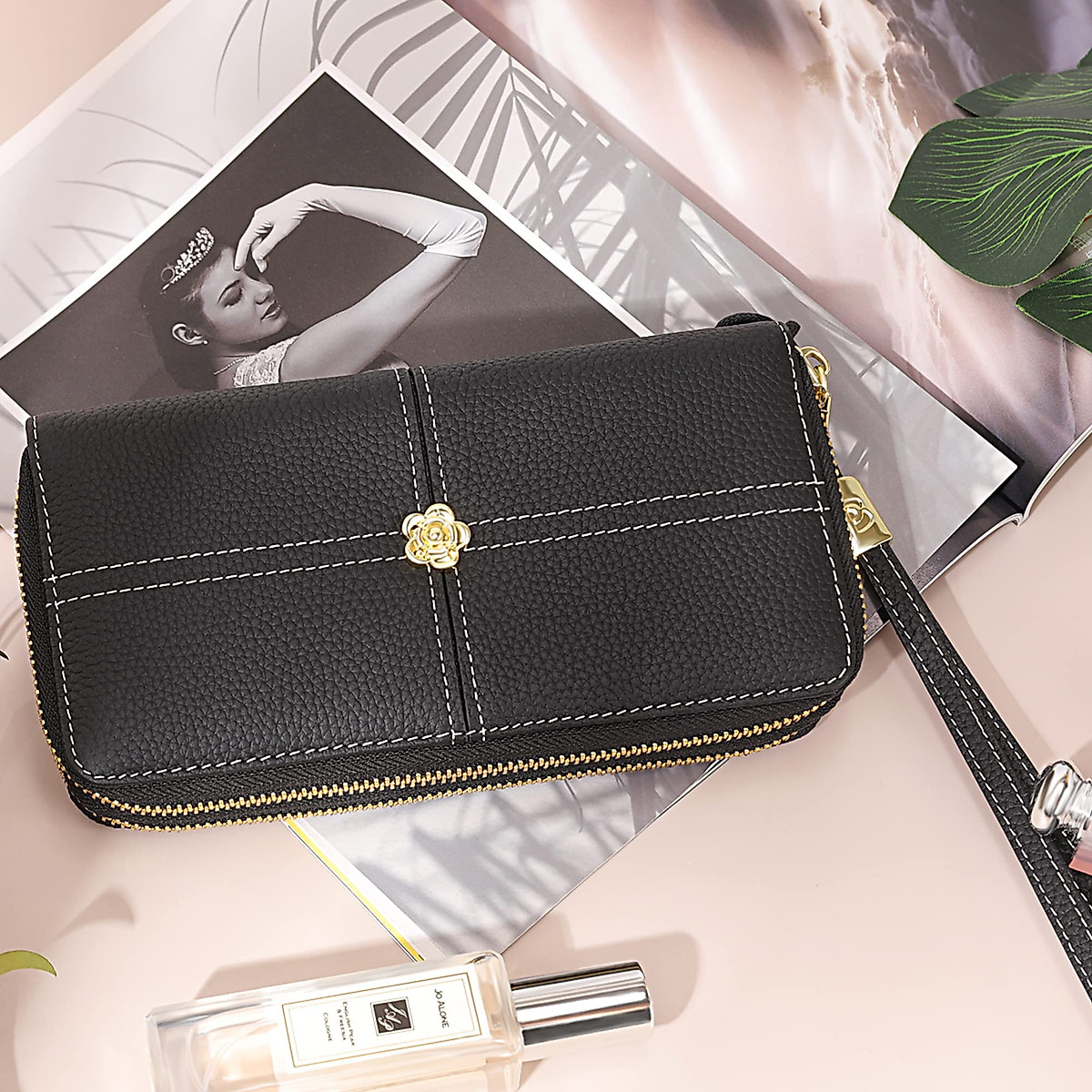 Pomelo Best Real Leather Women's Wallet with Camellia Ornament, RFID Blocking, Coin Pocket, Black, L