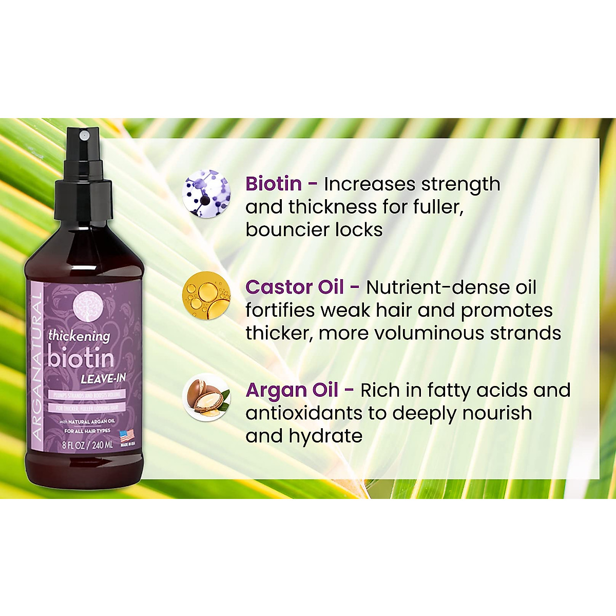 Arganatural Hair Leave In Conditioner & Detangler with Thickening Biotin, 8 fl oz Spray Bottle, Helps Fortify Weak Thinning Hair