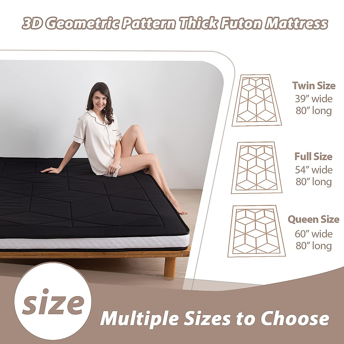 MAXYOYO 4" Thick Japanese Floor Mattress Futon Mattress, 3D Geometric Pattern Foldable Foam Mattress Roll Up Mattress Shikibuton Mattress Guest Mattress Sleeping Pad, Black, Full