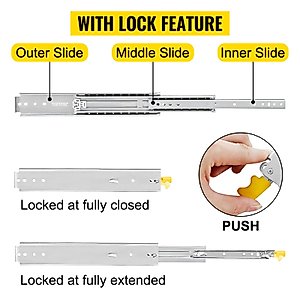 VEVOR Drawer Slides 18inch, 1 Pair Locking Drawer Slides 500lbs Load Capacity, Side Mount Ball Bearing, 3-Fold Full Extension