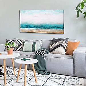 AIYISU Blue Abstract Canvas Oil Painting Wall Art Ocean Beach Hand Painted Wall Art Seascape Picture Textured Wall Decor Coastal Landscape Artwork for Living Room Bedroom Office Home Decoration 24x48