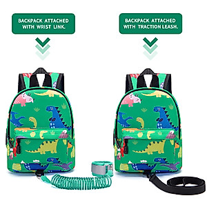 Accmor Toddler Harness Backpack Leash, Baby Dinosaur Backpacks with Anti Lost Wrist Link, Cute Mini Child Backpack Wristband Tether Strap and Protection Leashes for Baby Boys (Green)