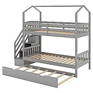 DEYOBED Twin Over Twin Wooden Bunk Bed with Storage Staircase for Kids and Teens