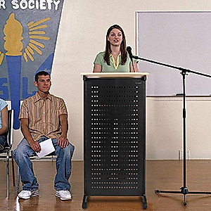 Bonnlo Mobile Wheeled Lectern Standing Podium, Portable Lecture Speech Teach Platform for Classroom Church or Ceremony, Multi-Function Reading or Laptop Desk, Table w/Tilted Top Board & Edge Stopper