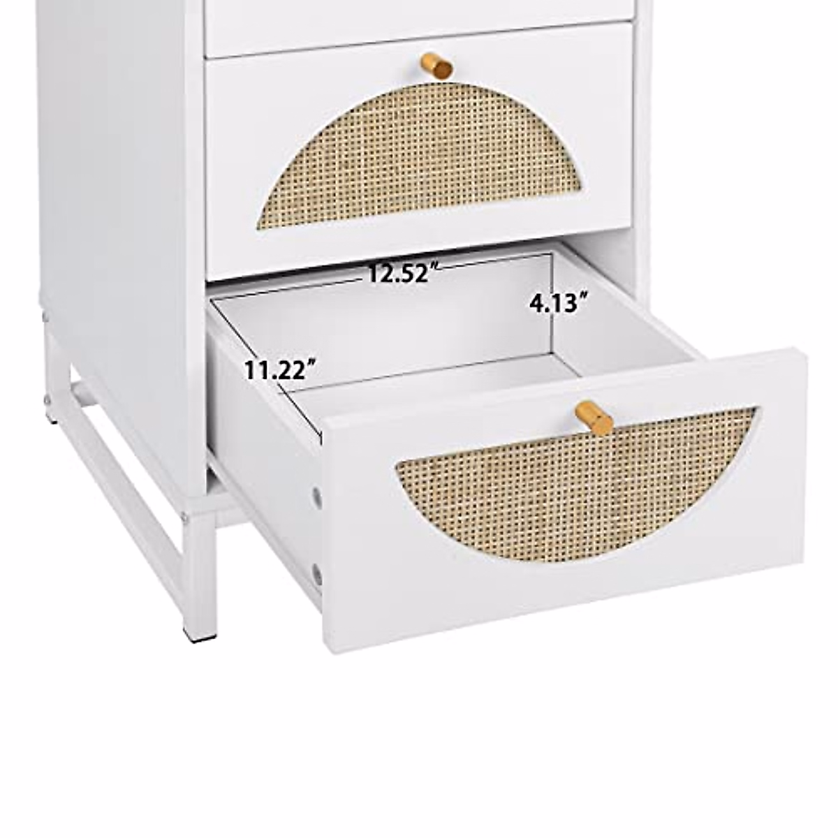 SSLine Wood&Rattan 4 Drawer Dresser 35" Tall Bedside Table Accent Storage Cabinet with Semi-Circle Wicker Drawers White Bedroom Nightstand Chest of Drawer w/Metal Frame for Living Room Entryway