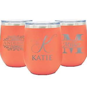 My Personal Memories Custom Engraved Insulated Stemless Wine Tumbler Cup - Personalized Bridesmaid Beach Pool Girls Fun - Monogrammed (Coral)
