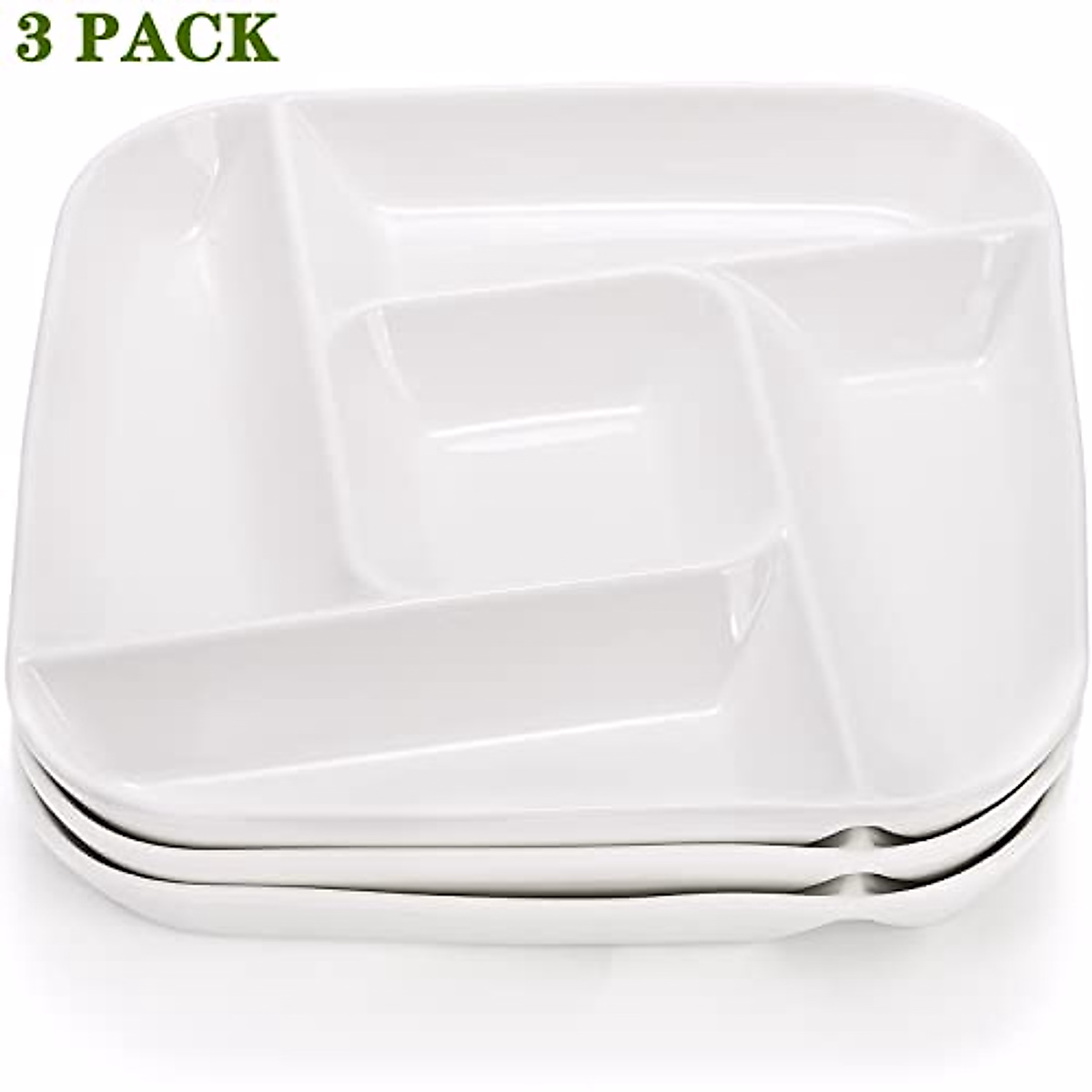 DEAYOU 3 Pack Ceramic Chip and Dip Serving Tray, Porcelain Divided Serving Platter, 10" Decorative Sectional Appetizer Plate, 5-Compartment Stoneware Relish Fruit Dish for Veggie, Snack, Entertaining