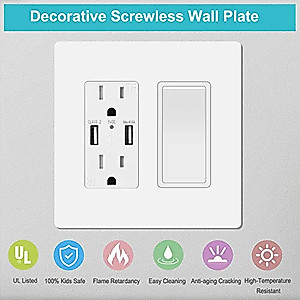 4 Pack Screwless Decorator Wall Plate for Electric Outlets, GFCI, Dimmers, Switches, 2-Gang Unbreakable Child Safe Cover Plate, White