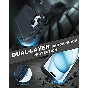 SHIELDON Genuine Leather Wallet 2 in 1 Detachable Wireless Charging Folio Magnetic Case RFID Blocking Card Slot Kickstand Shockproof Case Compatible with iPhone 15 - Navy Blue