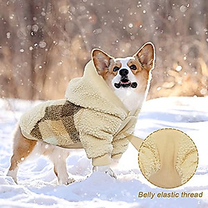 Duojoy Fleece Dog Hoodie Sweater, Coffee Buffalo Plaid Warm Dog Winter Clothes, Pullover Fuzzy Dog Clothes for Small Medium Dogs, Doggie Sweater Sweatshirt with Pockets-M