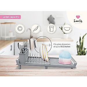 Isabel Lily Dish Drying Rack - Space-Saving Kitchen Organizer with Drainboard & Detachable Utensil Holder - Rust-Proof Stainless Dish Washer Dryer Rack