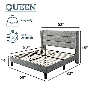 Feonase Queen Bed Frame, Upholstered Platform Bed Frame with Wingback, Wood Slats Support, No Box Spring Needed, Easy Assembly, Noise-Free, Light Gray