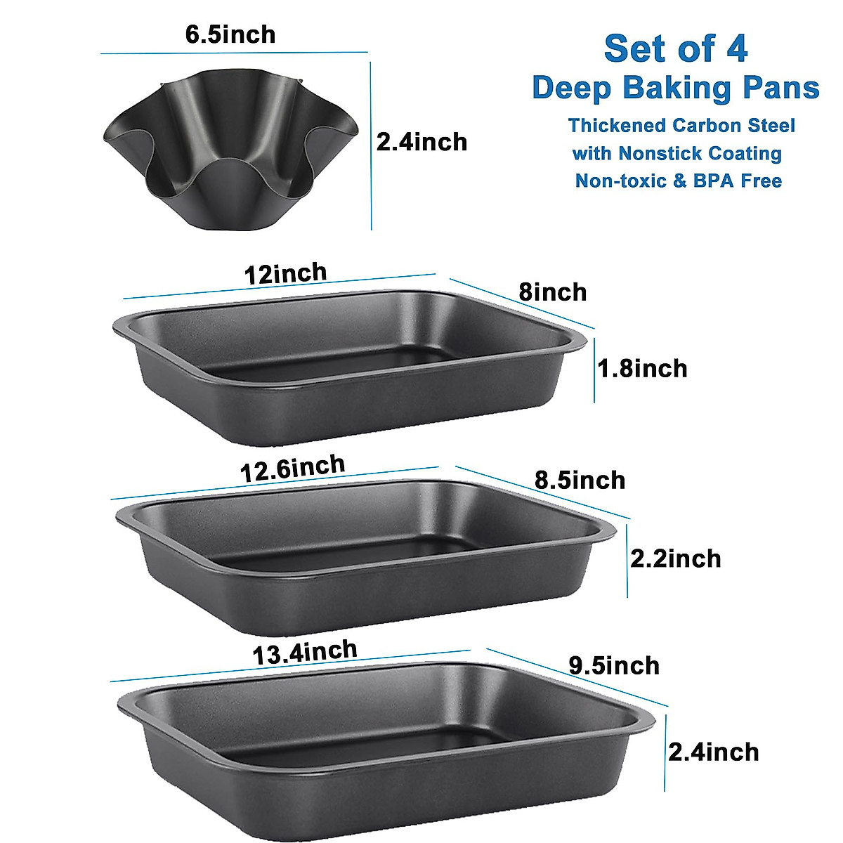 Acrux7 4 PCS Baking Pans Set, Nonstick Baking Pans & Bowl Set, Deep Metal Baking Sheet Pans, Rectangular Stackable Baking Trays, Cake Pans Sets for Oven (Black, 12x8, 12.6x8.5, 13.4x9.5 inch)