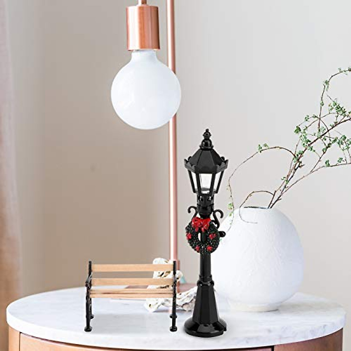 NUOBESTY 2pcs Street Lamp Post and Miniature Park Bench Seat Dollhouse Christmas Village Pathway Lantern Post Mini Street Light Model Fairy Garden Accessories