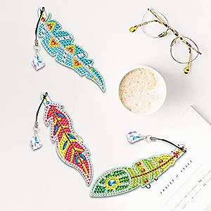 pigpigboss Feather Bookmark Diamond Painting Set 6 PCS PVC Diamond Painting Bookmark with Pendant Peacock Feather Bookmark Diamond Painting Art Graduation Gift