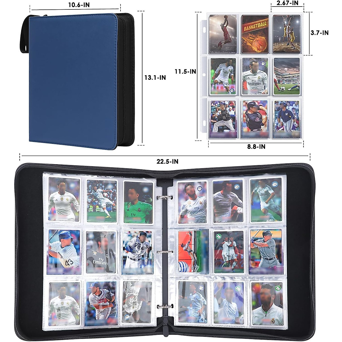 POKONBOY 720 Pockets Trading Card Binder Sleeves Baseball Card Binder Sleeves, Trading Card Holder Carrying Card Case Fit for Baseball Cards, Trading Cards, Football Cards (Blue)