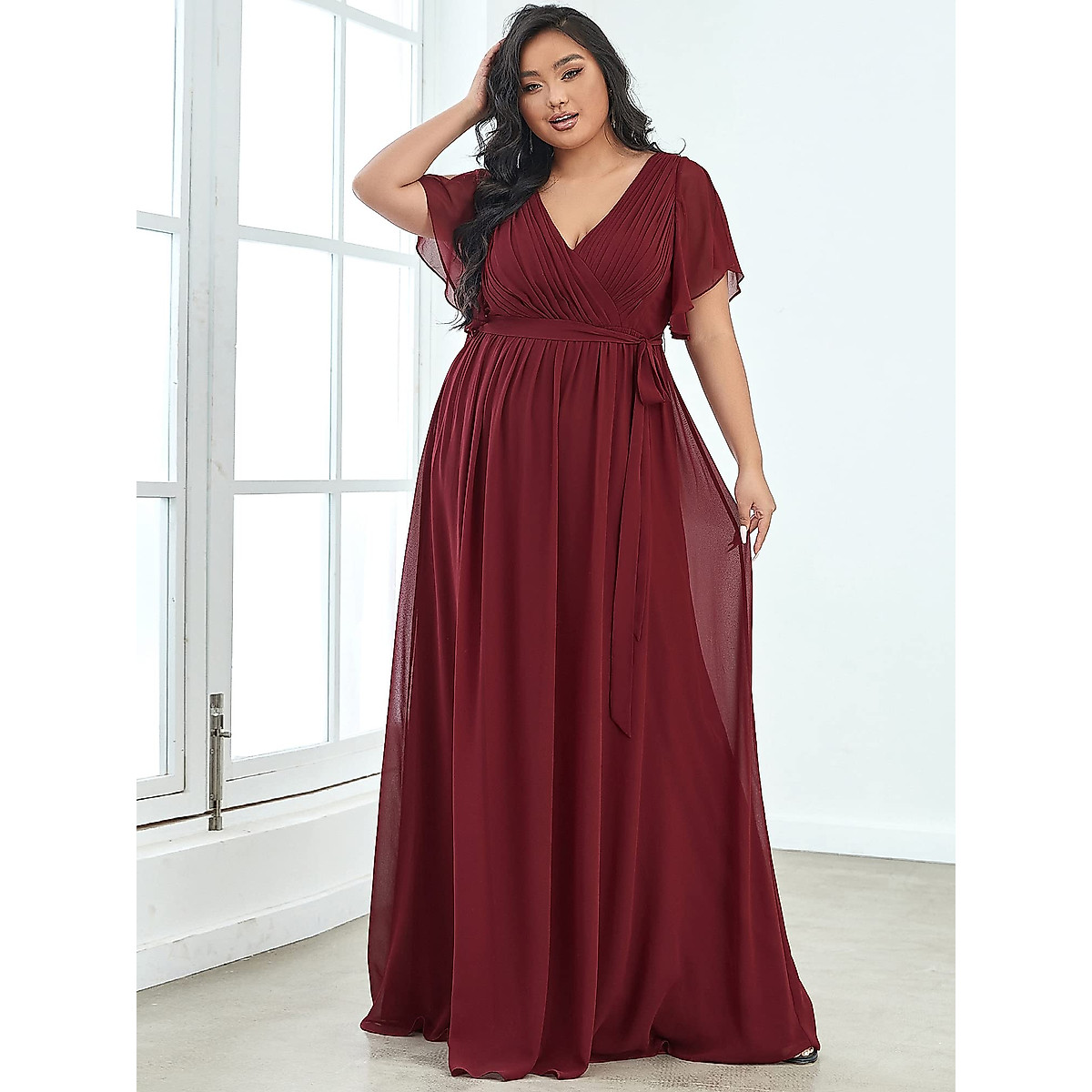 Ever-Pretty Plus Women's V-Neck A-Line Ruched Bust Ruffle Sleeves Plus Size Maxi Formal Evening Gown Burgundy US20