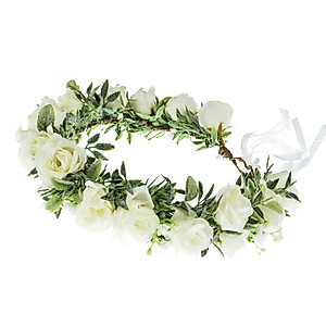 Funsveta Floral Headpiece Garland Halo Maternity Photo Shoot Flower Crown Eucalyptus Leave Headband Wedding Headpiece (Green Leaf and White)