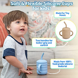 Cute 2-1 Silicone Straw Sippy Cup with Stopper - 5.4 OZ Spill-proof Sippy Cups for Baby 6+ Months w/ Dbl Handles, Grooved Body & Angled Straw for Fun & Safe Drinking - Includes Cleaning Brush - Green