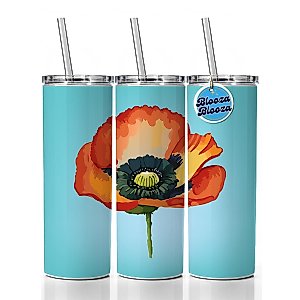 Poppy Icelandic Orange Flower Watercolor Skinny Tumbler 20oz with Straw Insulated Water Bottle Gift