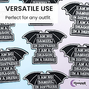 Moonmoli Embroidered Patches for Jackets, Feminist Design, I Am No Damsel In Distress I Am A Dragon In A Dress - Sew On or Iron On Patch for Clothes, Jeans, Pants, Denim, Bag, Hat - Punk Style, Black