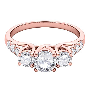 MauliJewels 0.50 Ct. Halo Very Good Round Cut Classic Three-Stone Diamond Engagement Ring, 14K Solid White Rose Yellow Gold